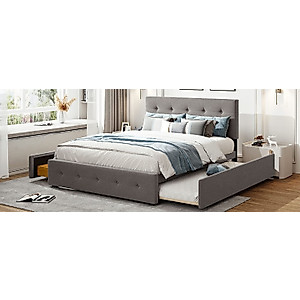 Bellemave Queen Size Platform Bed, Queen Linen Fabric Upholstered Platform Bed Frame with 2 Storage Drawers and 1 Twin XL Trundle, Ideal Bedroom Furniture, No Box Spring Needed (Light Gray)