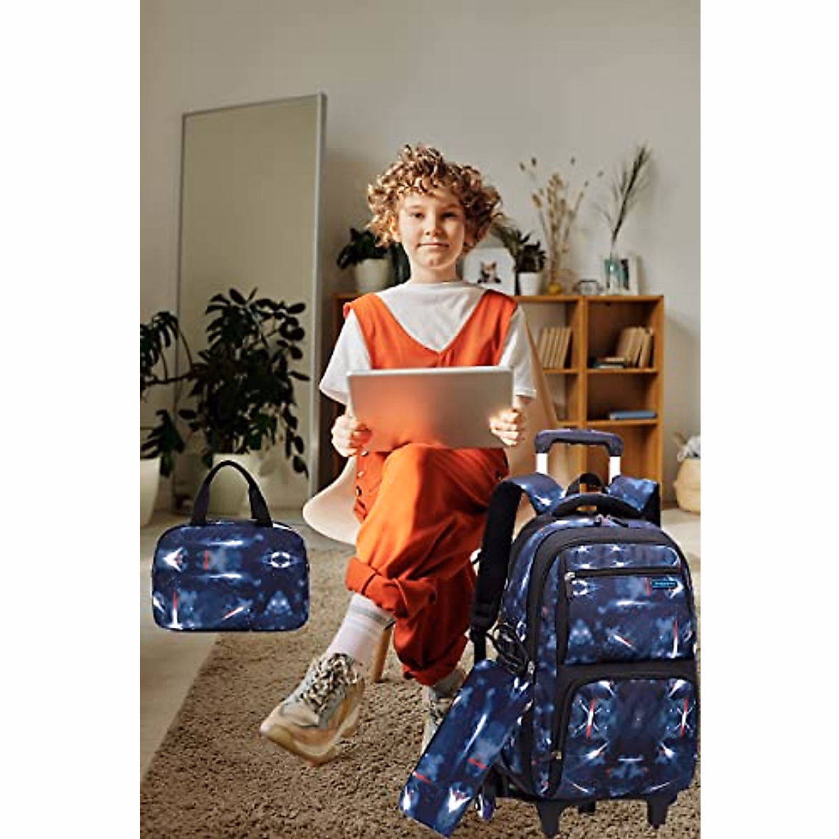 Egchescebo 18" School Kids Rolling Backpack for Adults With Wheels Trolley Wheeled Backpacks for Boys Students Travel Bags Adults With Lunch Box Pencil bag 3PCS Navy Blue