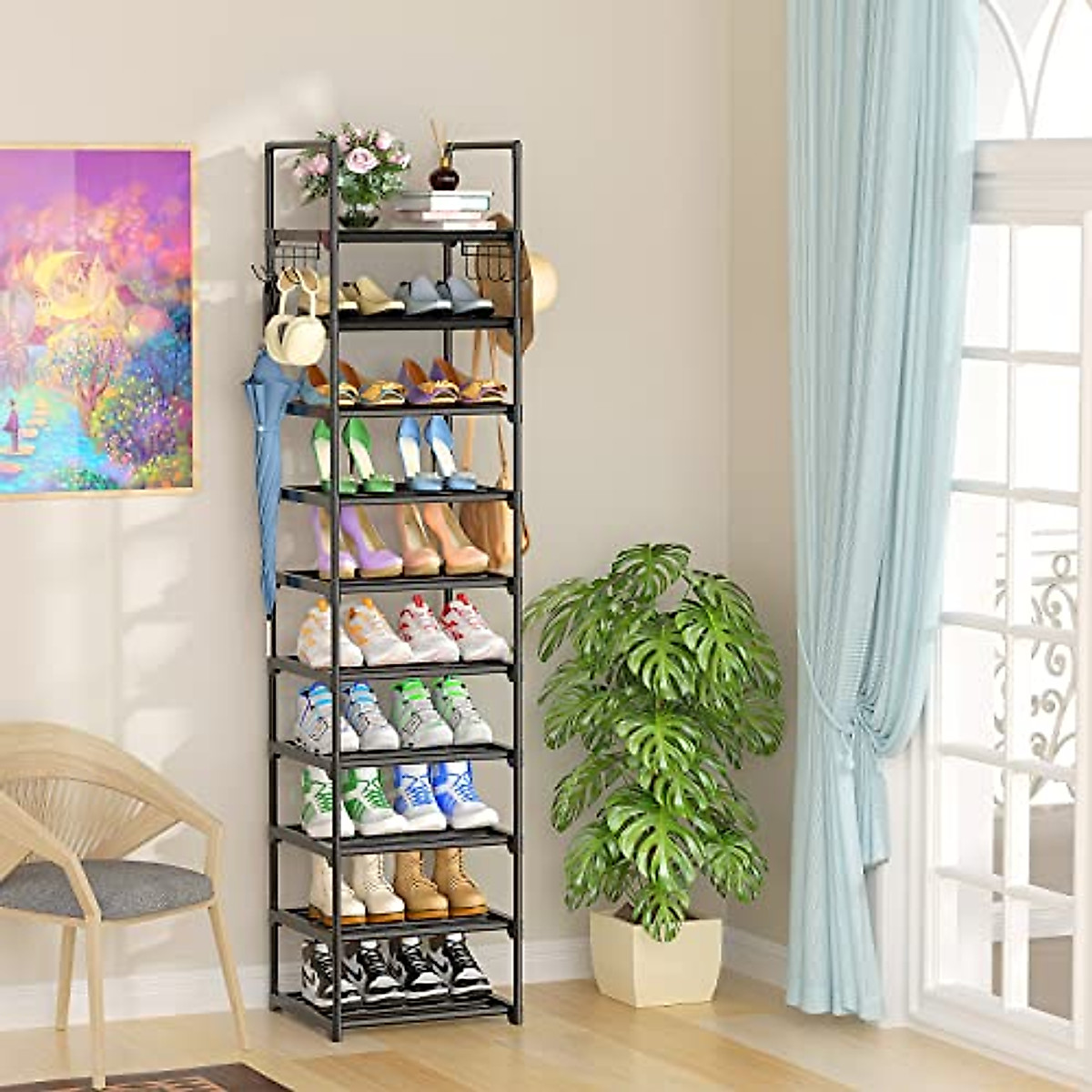 Kottwca 10 Tier Tall Shoe Rack Organizer for Closet Entryway, 20-24 Pair Shoe Boot Storage Rack, Narrow Metal Shoe Shelf Small Vertical Stackable Shoe Stand for Bedroom Corner with 2 Hooks PP Gaskets