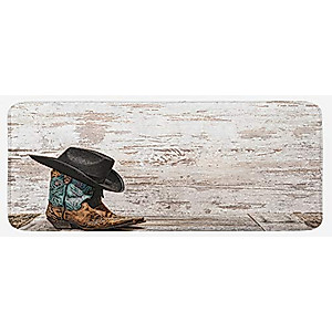 Ambesonne Western Kitchen Mat, Traditional Rodeo Cowboy Hat and Cowgirl Boots Retro Grunge Background Art, Plush Decorative Kitchen Mat with Non Slip Backing, 47" X 19", Brown Black