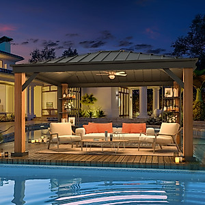 EROMMY 12'x14' Hardtop Gazebo, Galvanized Steel Top with Wood Grain Aluminum Frame, Permanent Metal Pavilion with Three-Layer Storage Shelves for Patio, Backyard, Deck and Lawns