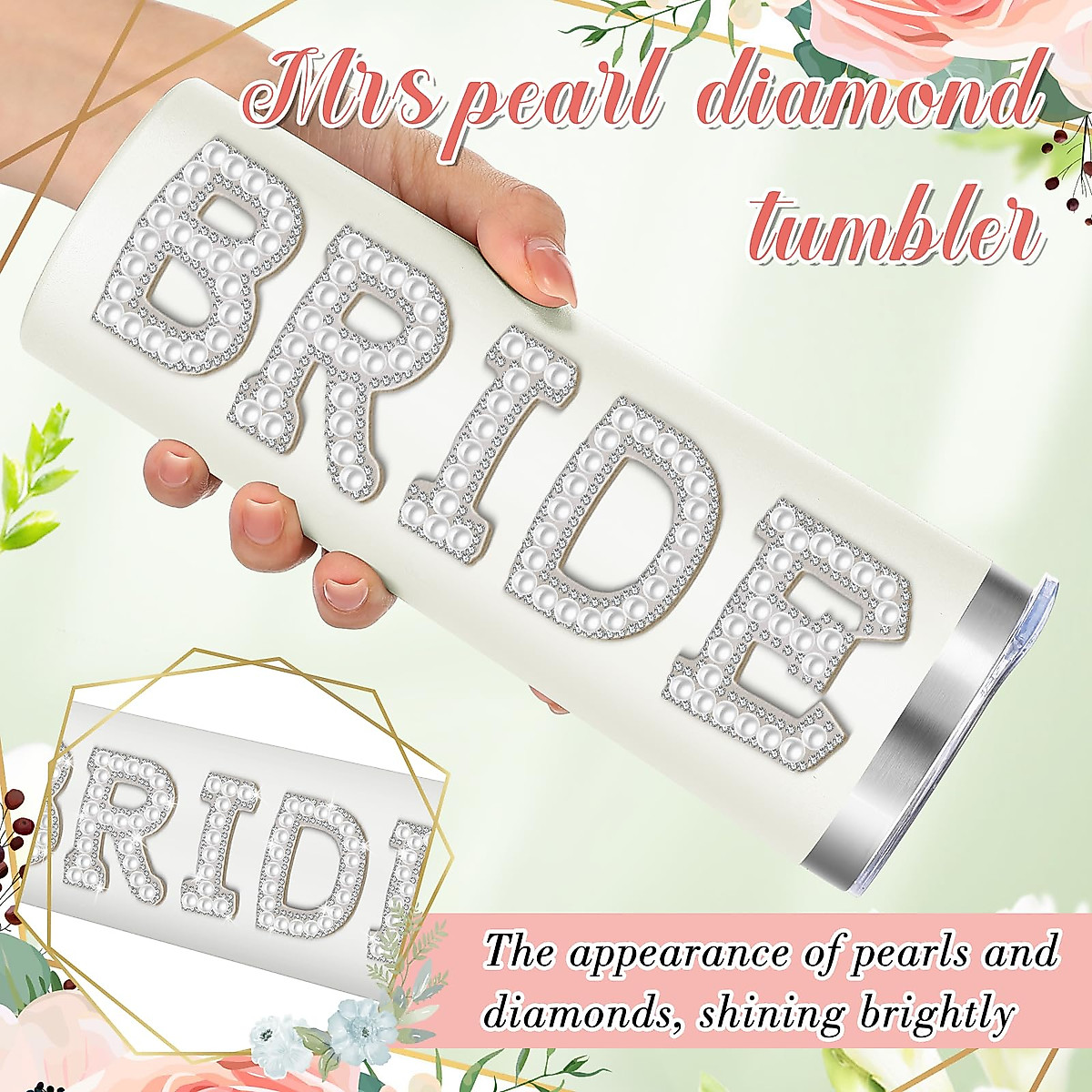 Zhehao Bride Cups Tumbler 20 oz Bachelorette Gift for Bride Tumblers Stainless Steel Mrs Tumblers with Lid Straw Bride Gifts Bride Cup for Bridal Shower Engagement Party(White, Pearl Bride)