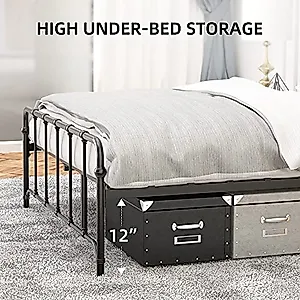 Hosslly Black Metal Full Bed Frame with Headboard and Storage 12 inch Platform No Box Spring Needed Easy Assembly