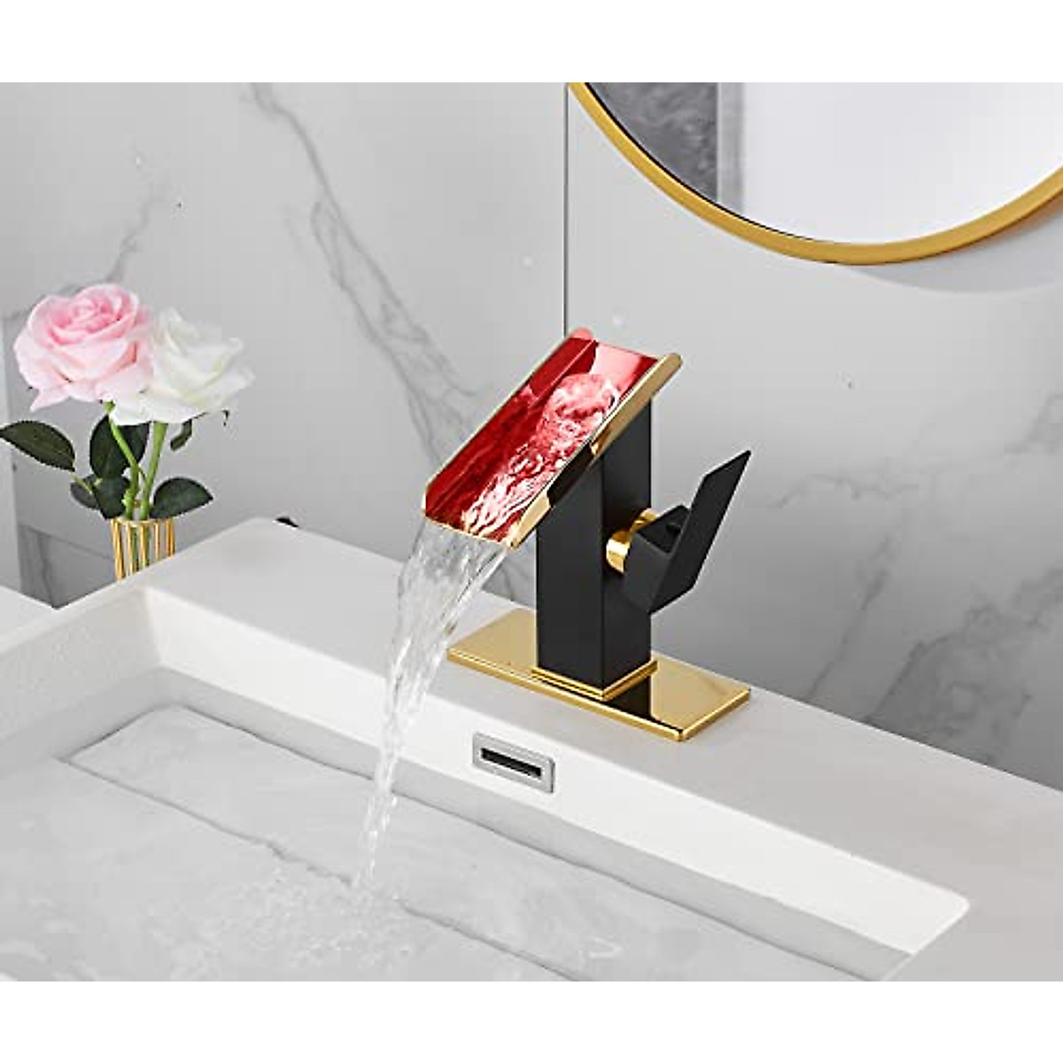 Black Bathroom Faucet Golden Waterfall Open Spout LED Color Changing One Hole Bath Vanity Sink Tap Single Handle with Bathroom Sink Drain Pop Up Stopper Overflow Water Supply Hose Include Modern