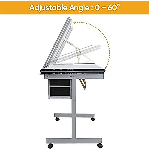 JupiterForce Adjustable Drafting Table Drawing Desk Art Desk Versatile Art Craft Work Station Glass Tabletop w/2 Slide Drawers and Wheels for Reading, Writing, Painting Home Office