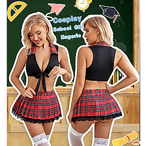 Avidlove Cosplay Lingerie School Girl Lingerie for Women Sexy Lingerie Set Roleplay Costumes with Mini Skirt(Black,L)