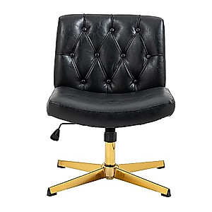 HomVent Armless Office Desk Chair No Wheels, PU Leather Tufted Padded Cute Desk Chair, Modern Ergonomic Computer Desk Chair w/Gold Cross Base,Adjustable Swivel Desk Chair for Makeup Vanity Study Black