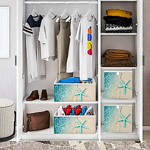QUGRL Ocean Beach Starfish Cube Storage Bins Organizer Sea Water Wave Clothes Toy Storage Basket Box for Shelves Closet Cabinet Office Dorm Bedroom 11x11 in