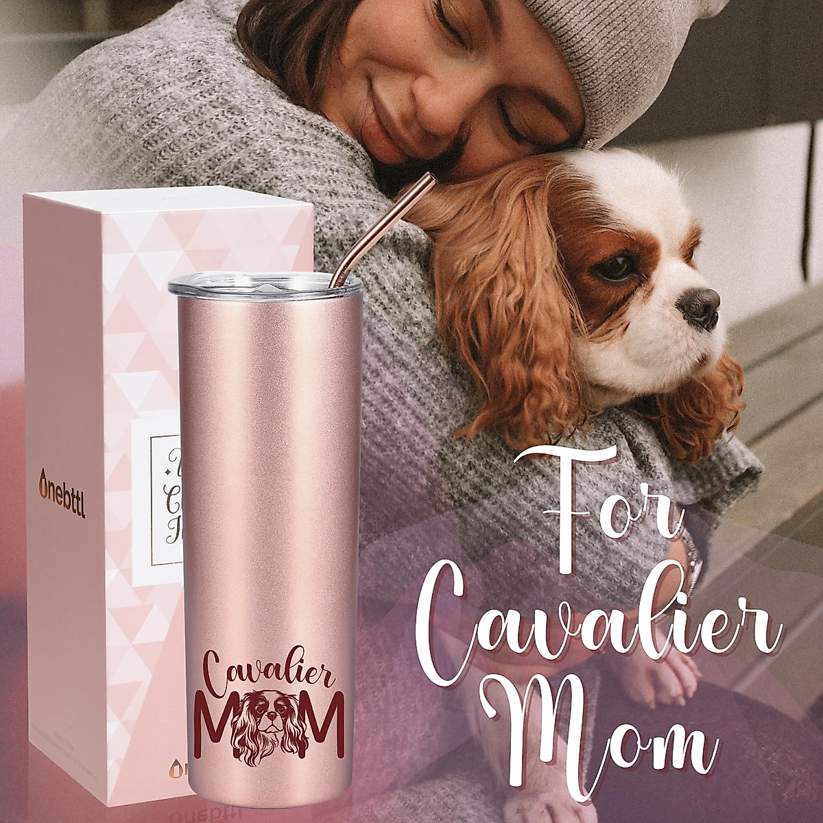 Onebttl Dog Mom Gifts, Dog Lover Gifts for Women, Best Dog Mom Ever, 20 oz Rose Gold Insulated Tumbler - Cavalier Mom