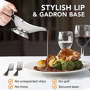 [2 Pack] Stainless Steel Gravy Boat - 10 Oz Elegant Gravy Boats with Classic Lip and Metal Gardoon Base - Stylish Large Gravy Boat for Thick Sauces, Salad Dressings - For Home, Cafe, Restaurant Use