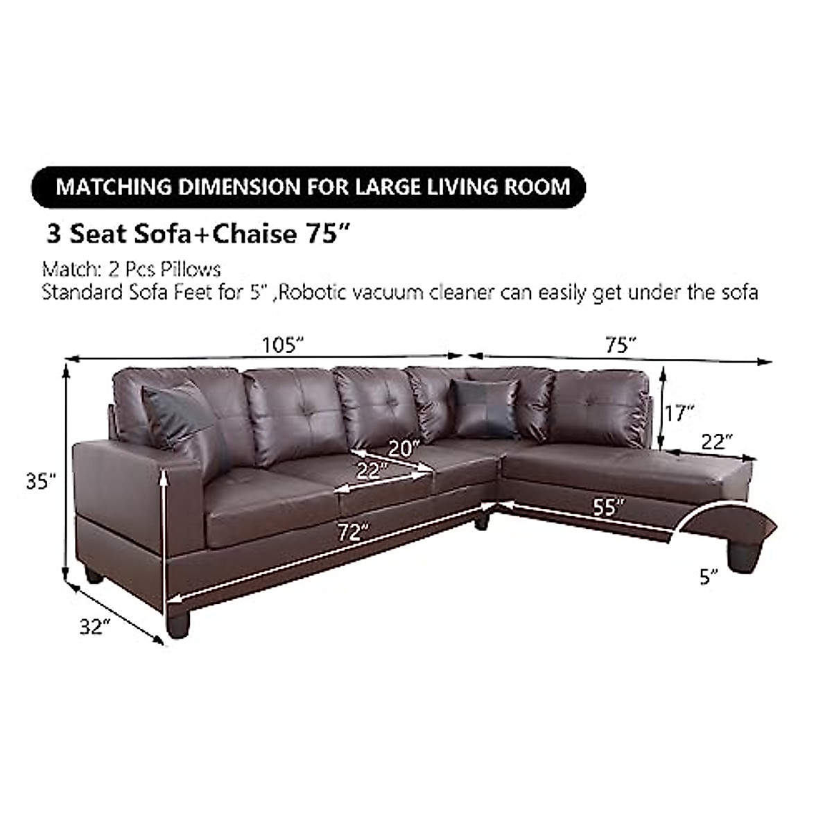 SIENWIEY Sectional Sofa Set, L-Shape Faux Leather Couch Living Room Sofa Set with Chaise Using for Living Room Furniture(Brown,Facing Right Chaise)