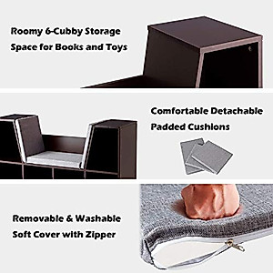 Costzon 6-Cubby Kids Bookcase with Cushioned Reading Nook, Multi-Purpose Wooden Toy Storage and Organizer Cabinet Corner Book Shelf for Kids Room Bedroom (Espresso)
