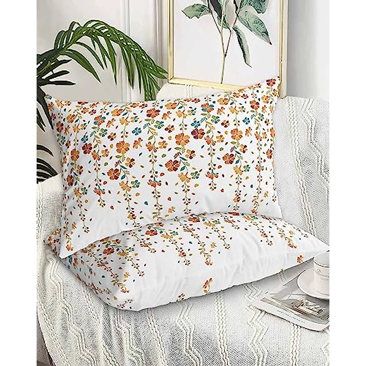 Edwiinsa Weeping Flowers Pillow Covers Standard Size Set of 2 20x26 Bed Pillow, Red Yellow Teal Spring Floral Botanical Art Plush Soft Comfort for Hair/Skin Cooling Pillowcases with Envelop Closure