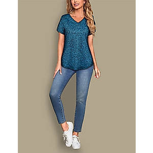 MISS FORTUNE Womens V-Neck Short Sleeve Activewear T-Shirt Petal Sleeve Casual Athletic Moisture Wicking Fitness Tops Blue 3XL