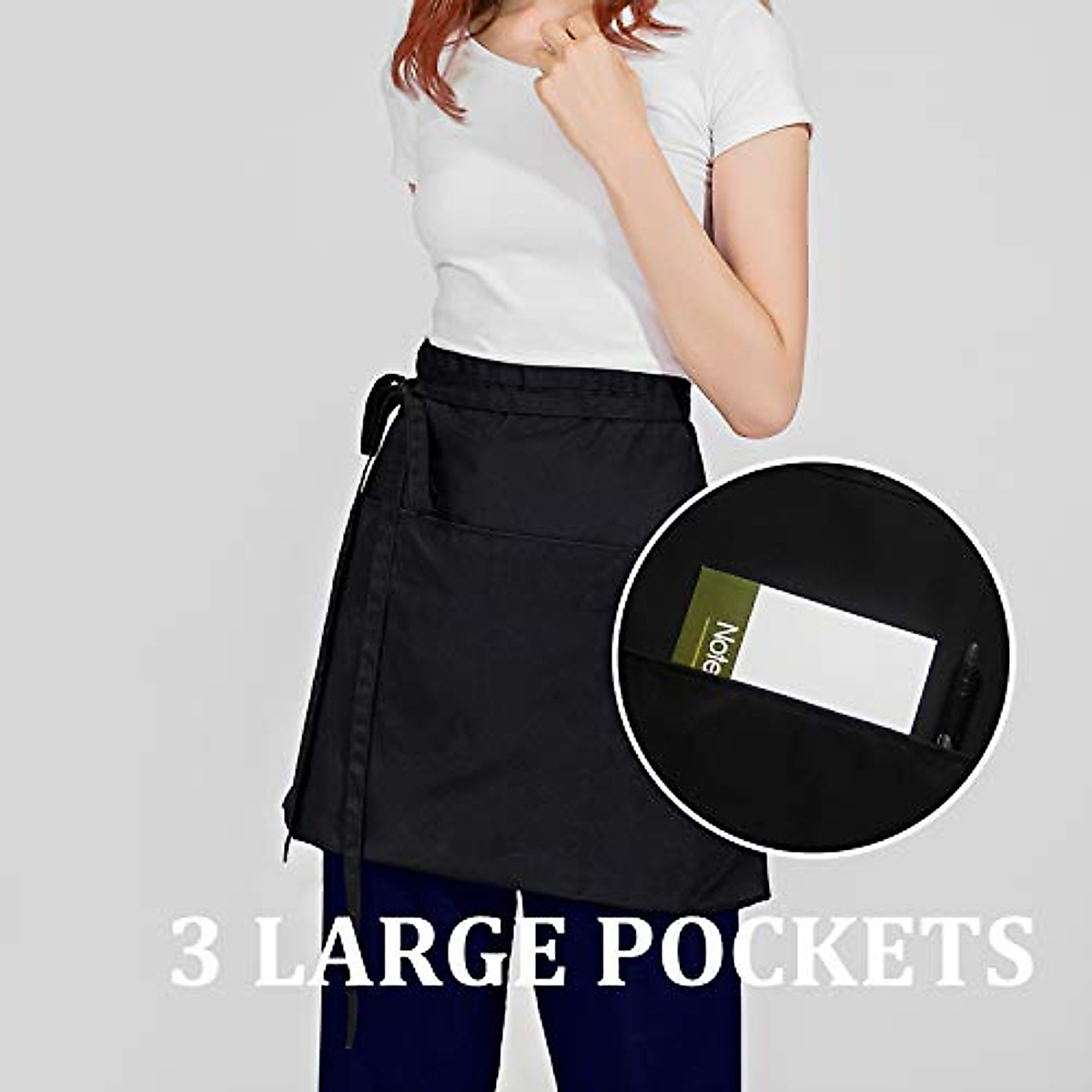 Hi loyaya Waitress Apron for Women Men - Set of 6 Black Half Waist Aprons with Pockets for Chef Waiter Server Baker Kitchen Restaurant (Large)