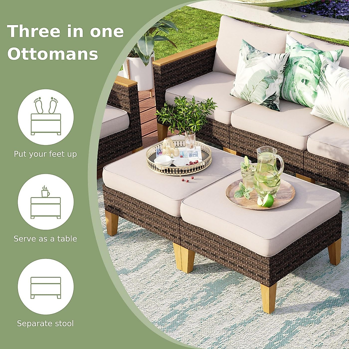 MFSTUDIO 7 Piece Wicker Patio Furniture Set, 2 x Armless Sofa, 2 x Ottoman, 3-Seat Sofa, All-Weather Outdoor PE Rattan Patio Conversation Set Sectional Sofa for Garden, Backyard(Beige Cushions)