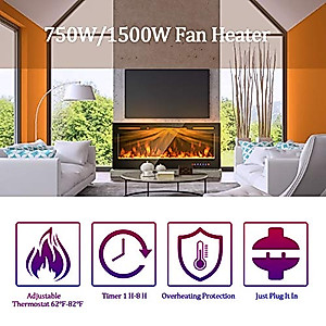 COSTWAY 50-Inch Electric Fireplace, 750W/1500W Wall Recessed and Mounted Fireplace Insert with Remote Control, 9 Flame Colors, 5 Brightness Settings, 8 H Timer, Fireplace Heater for Indoor Use