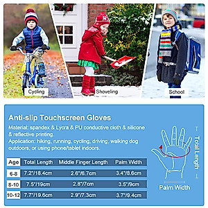 EEFOW Girls Waterproof Winter Touchscreen Gloves: Warm Lightweight Cycling Snow Mitten for Age 6-8 Years Boys & Girls Youth Big Children for Cold Weather Running Ski Football Riding Soccer