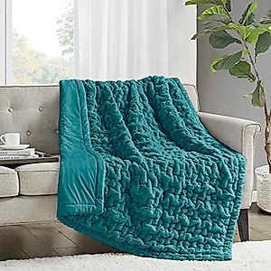 Madison Park Ruched Faux Fur Luxury Throw Teal 50*60 Premium Soft Cozy Brushed Long Faux Fur For Bed, Coach or Sofa