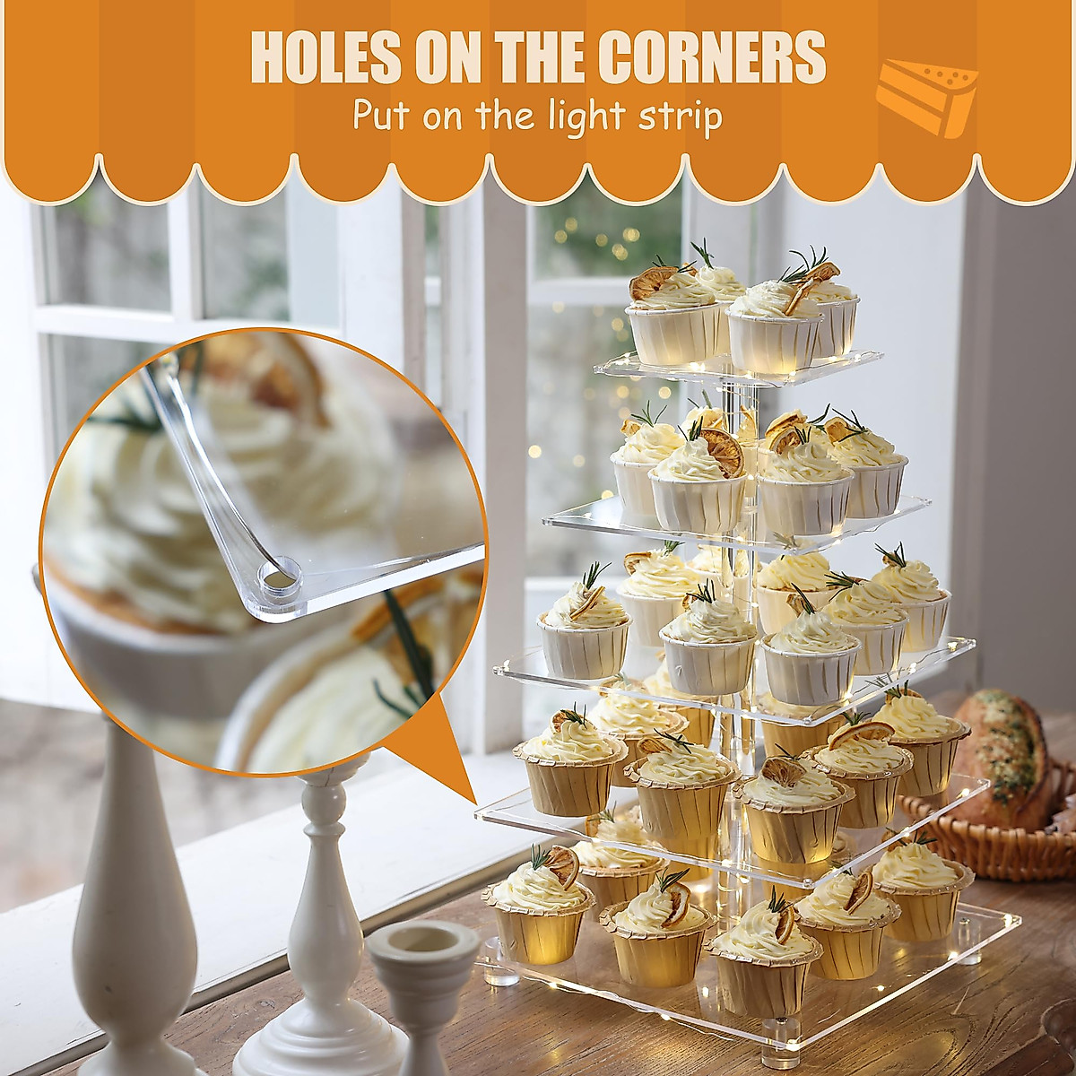 Antimbee 5 Tier Clear Acrylic Cupcake Stand with Gold LED Light String, Square Cup Cake Holder Tower Display