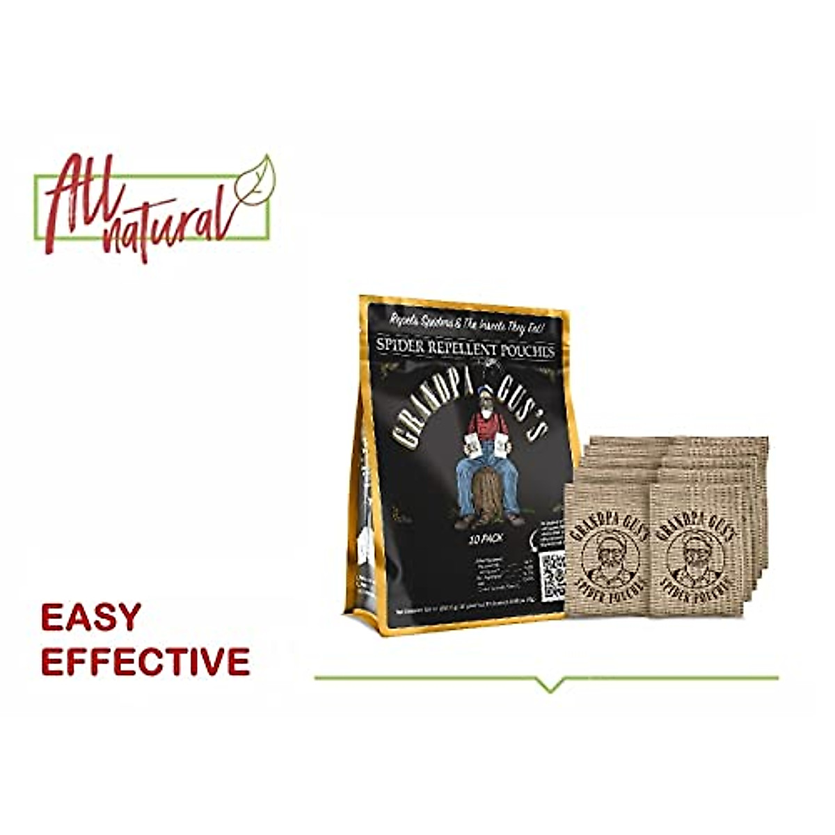 Grandpa Gus's Spider Repellent Pouches, Peppermint and Lemongrass Oil Formula Repels Spiders and The Insects They Eat, Use in Closet, Basement, Cabin, Shed, RV, Garage, 8.8 Oz (0.88 Oz x 10 Pouches)