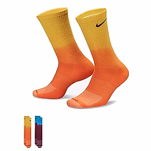 Nike 2 Pack Sports Dri-Fit Moisture Wicking Athletic Crew Socks (Medium, (Orange/Yellow) and (Maroon/Blue))
