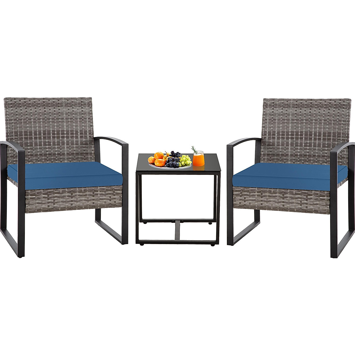 Seogwisam 3 Pieces Patio Furniture Set, Outdoor Wicker Conversation Bistro Set w/ 2 Chairs, 2 Cushions, Glass Coffee Table for Garden Balcony Backyard Porch Lawn - Grey Wicker & Blue Cushions