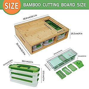 Bamboo Cutting Board with Containers, Lids, Graters, Extra Large Kitchen Cutting Board Set with Stackable Trays for Meal Prep & Storage, Chopping Board with Juice Groove, Easy-grip Hollow Handle
