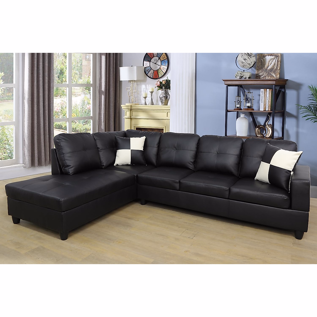 SIENWIEY Sectional Couch for Living Room Furniture Sets, Black Faux Leather Sofa Couch L Shape Couch Living Room Sofa with Chaise 2 Piece Using for Living Room(Black-1,Facing Left Chaise)