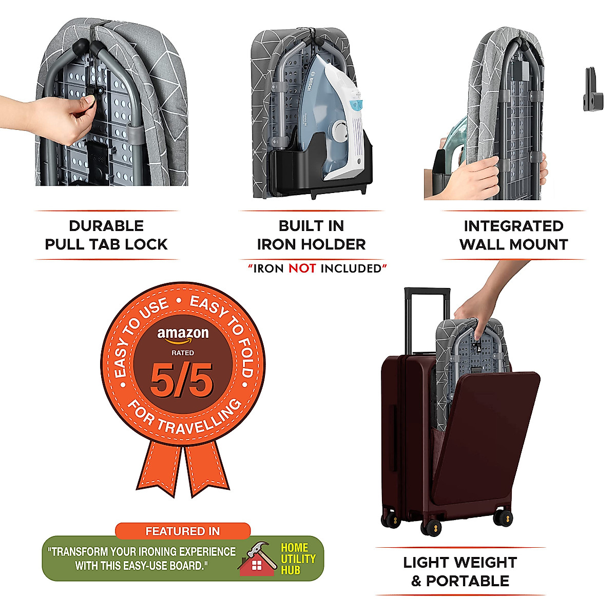 XABITAT Table Top Ironing Board with Wall Mount, D-Crease, Portable Space Saving Mini Laundry Room Iron Board, Foldable Small Ironing Board with Iron Holder, Grey