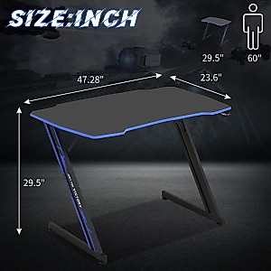 47" Gaming Desk Z Shaped Gaming Table Large Home Office Desks PC Computer Desk Workstation Ergonomic Gamer Table Writing Desk with Headphone Hook for Game Player Boyfriend Gift, Blue