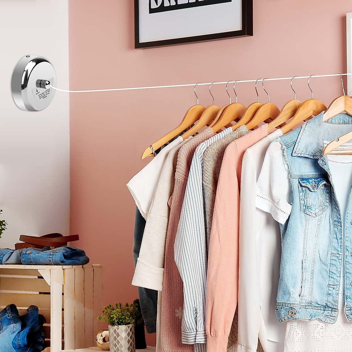 Catcan Retractable Clothesline, Stainless Steel Round Clothes Line Retracting Indoor for Hotel, Bathroom, Laundry with 10 PCS Metal Clothespins Adjustable Rope Shower Clothing Line(9.2FT Nylon String)