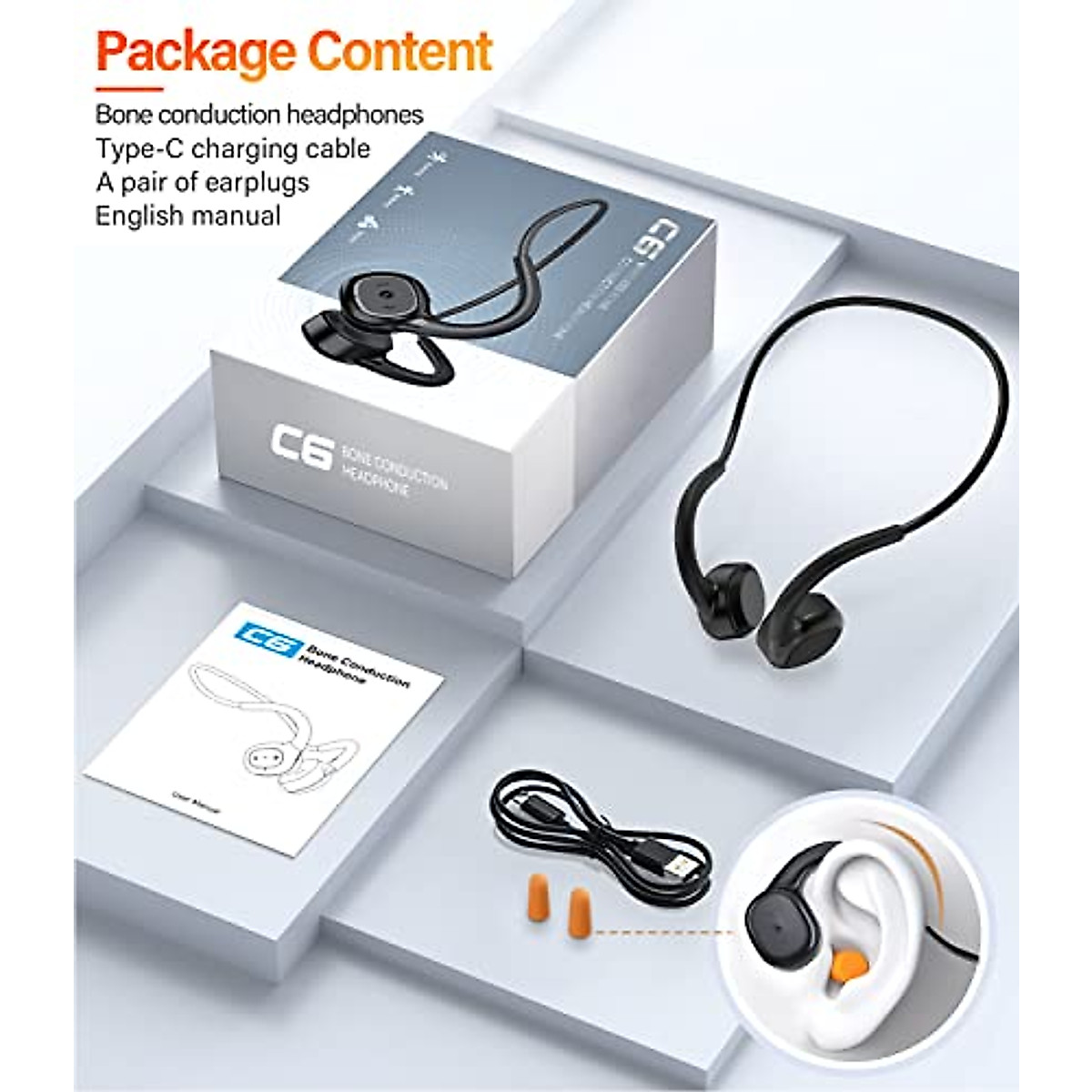 PTYOO Bone Conduction Headphones, Open-Ear Bluetooth 5.3 Headphones with Microphone, Sweat Resistant Sports Earbuds Wireless Earphone for Running Workout Cycling