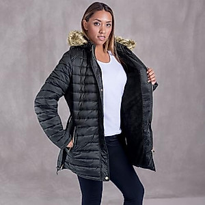 Facitisu Women's Quilted Jacket Winter Puffer Mid Length Coat Fur Trim Removable Zip-Off fHood (Black, 1XL)