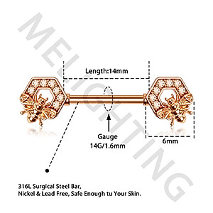 Melighting Dainty Bee Nipple Rings 14G Surgical Steel 316L 2pcs Nipple Barbell CZ Nipple Piercing Jewelry Nipple Ring for Women Body Piercing Jewelry 14mm