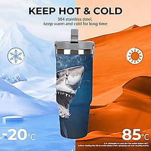 Great White Shark Opens Mouth 30 Oz Tumbler with Handle And Flip Straw, Stainless Steel Vacuum Insulated Travel Mug, Thermal Cup for Coffee, Water, Iced Drinks, Fits Car Cup Holders (Home, Sports)