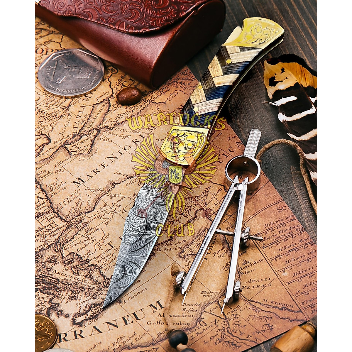 WARLOCKS CLUB Handmade Damascus Pocket Knife with Sheath, 7" Folding Hunting Knife with Wood Handle, Small Camping Knife for Outdoor