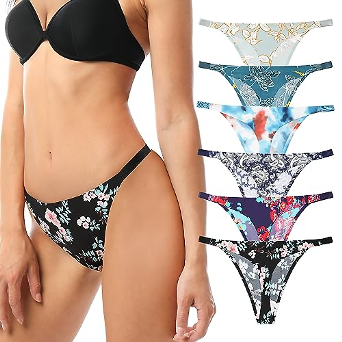 LEVAO Seamless Thongs for Women No Show Panties Stretch Printed Underwear Sexy G-String Thongs Multipacks