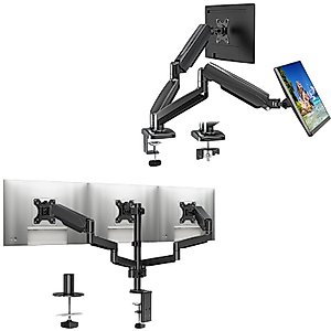 MOUNTUP Gas Spring Triple Monitor Stand + Full Motion Dual Monitor Desk Mount Bundle