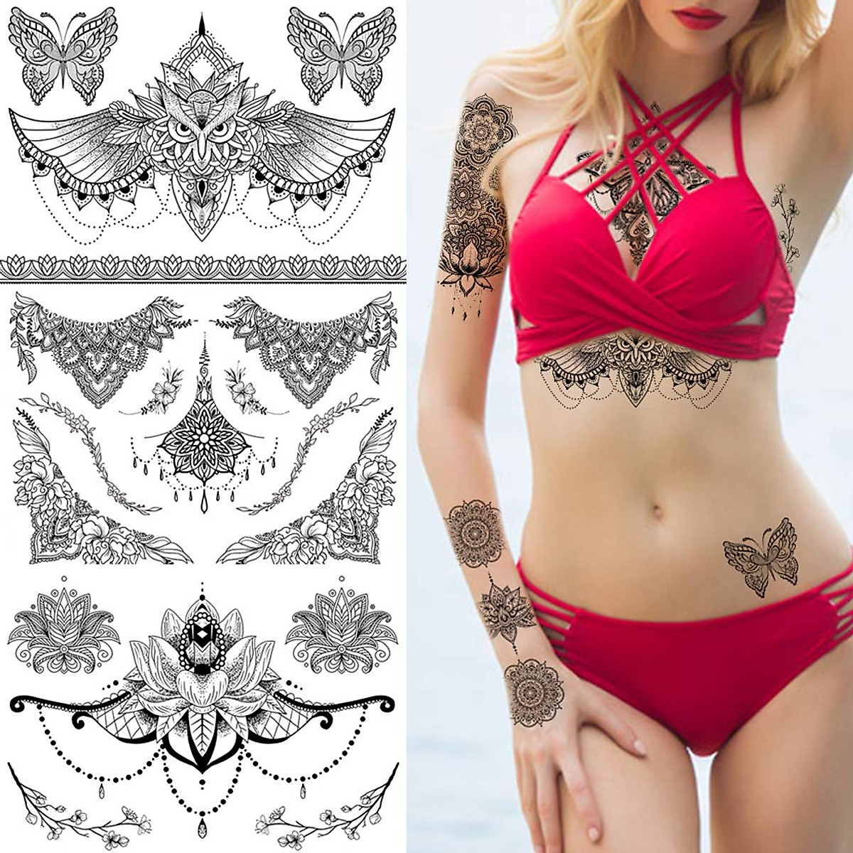 Glaryyears Black Lace Temporary Tattoo for Women Girls, 60+ Patterns 8 Pack Fake Mandara Flowers Tattoos Stickers, Sexy on Body Underboob Arm Chest Shoulder Thigh Abdomen Waist for Beach Party