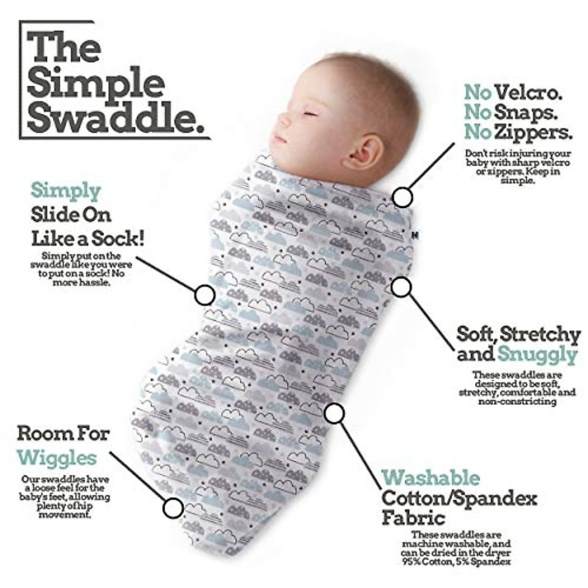 Henry Hunter Baby Swaddle Sack | The Simple Swaddle | Soft Stretchy Cotton Swaddles for Newborns | Baby Swaddles 0-3 Months, Swaddle Blankets for Baby Boy, Pack of 3, Cloud | Moon | Light Heather