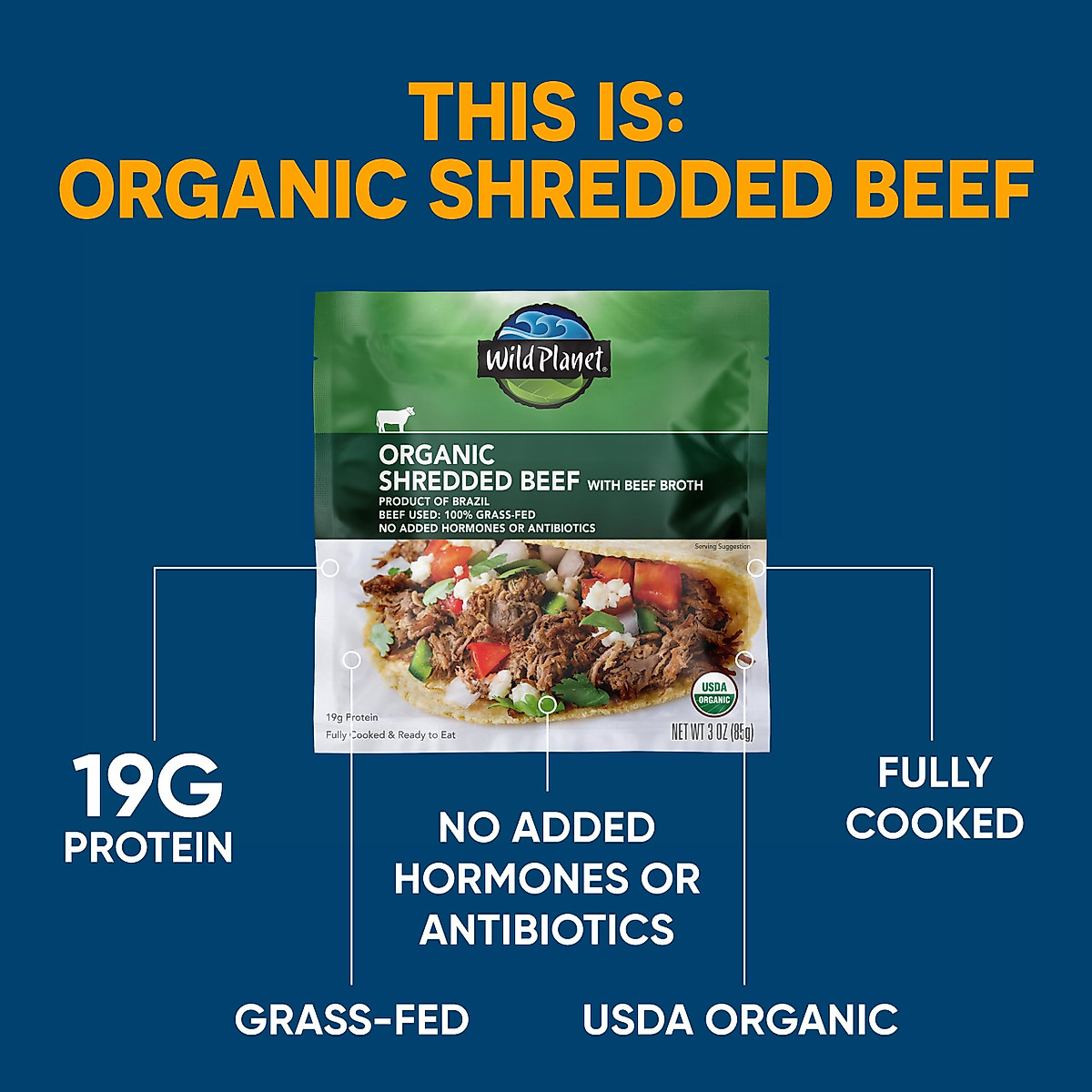 Wild Planet USDA Organic Shredded Beef with Beef Broth and Sea Salt, 3 oz Pouch (Pack of 24)