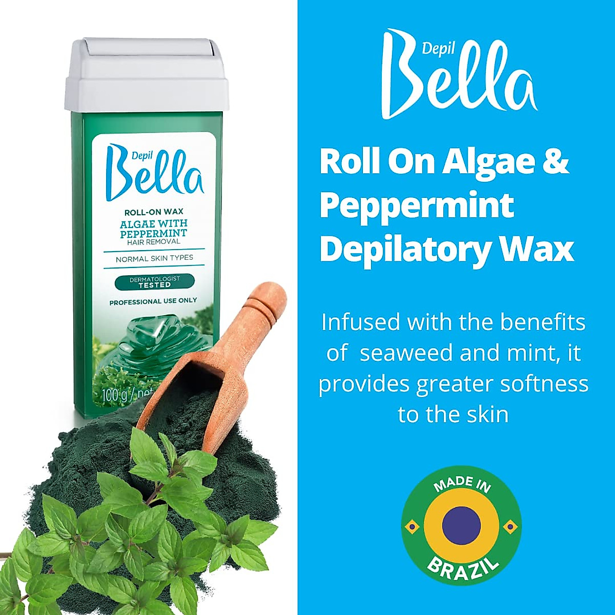 Depil Bella Roll On Wax Algae with Peppermint Depilatory | Body Waxing, Hair Removal Wax-Cartridge | For Men and Women | Home Self Waxing | Sensitive Skin | Painless (6 PACK + ADD)