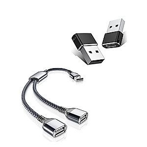 USB Splitter Y Cable 0.3M,USB A 1 Male to 2 Female Extension Cord Converter,Dual Double USB Port Extender Hub Power Split Adapter,USB to USB C Adapter 2 Pack,Type C Female to A Male Power Adapter