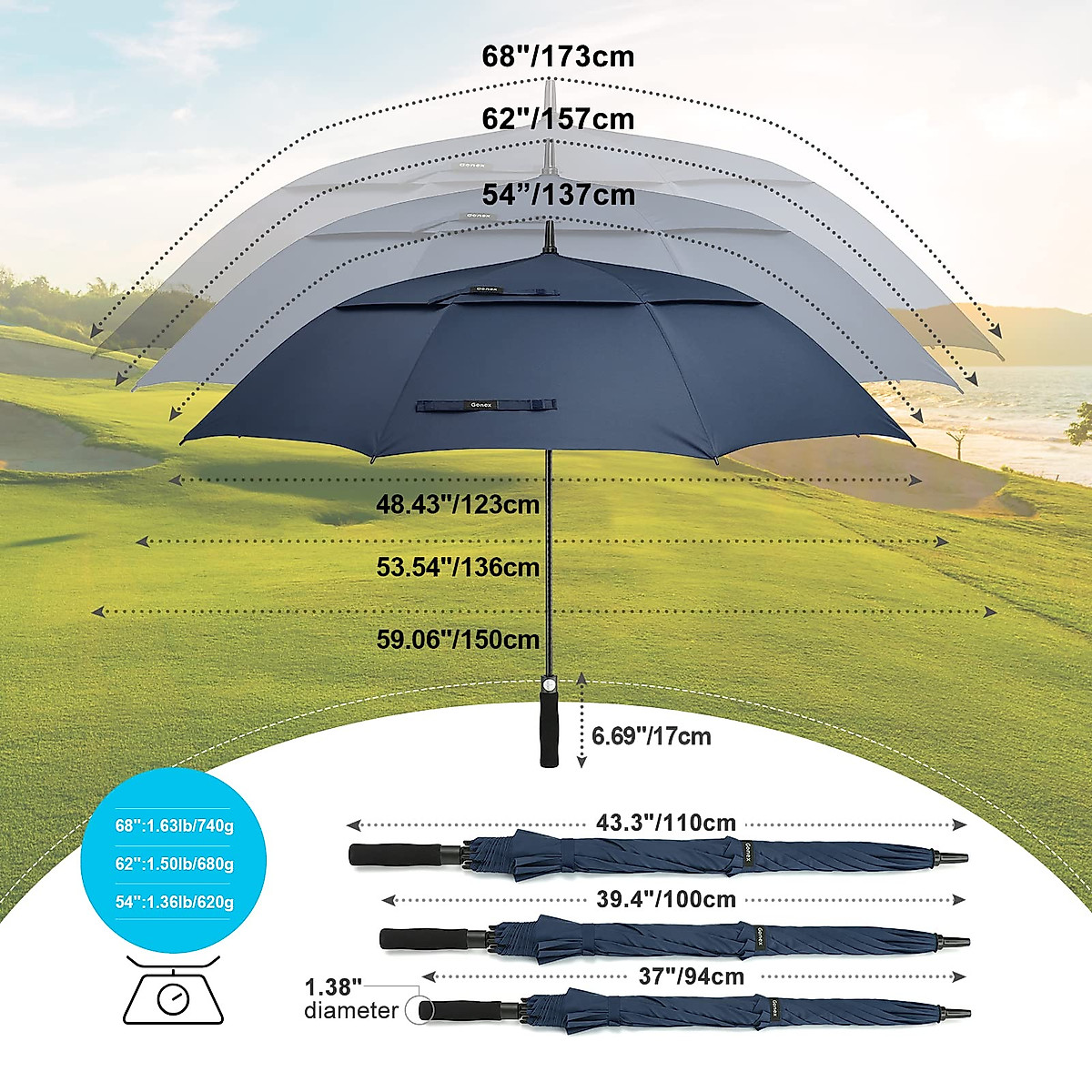 Gonex 62 Inch Extra Large Golf Umbrella, Automatic Open Travel Rain Umbrella with Windproof Water Resistant Double Canopy, Oversize Vented Umbrellas for 2-3 Men and UV Protection, Navy