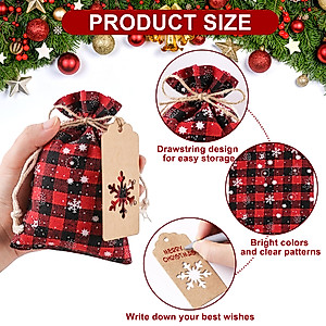 GlyinnHe 36PCS Christmas Drawstring Bag Buffalo Plaid Xmas Burlap Bag with Snowflake Bulk Jute Gift Goody Treat Bags with Kraft Tag for Xmas Holiday New Year Party Favors Supplies