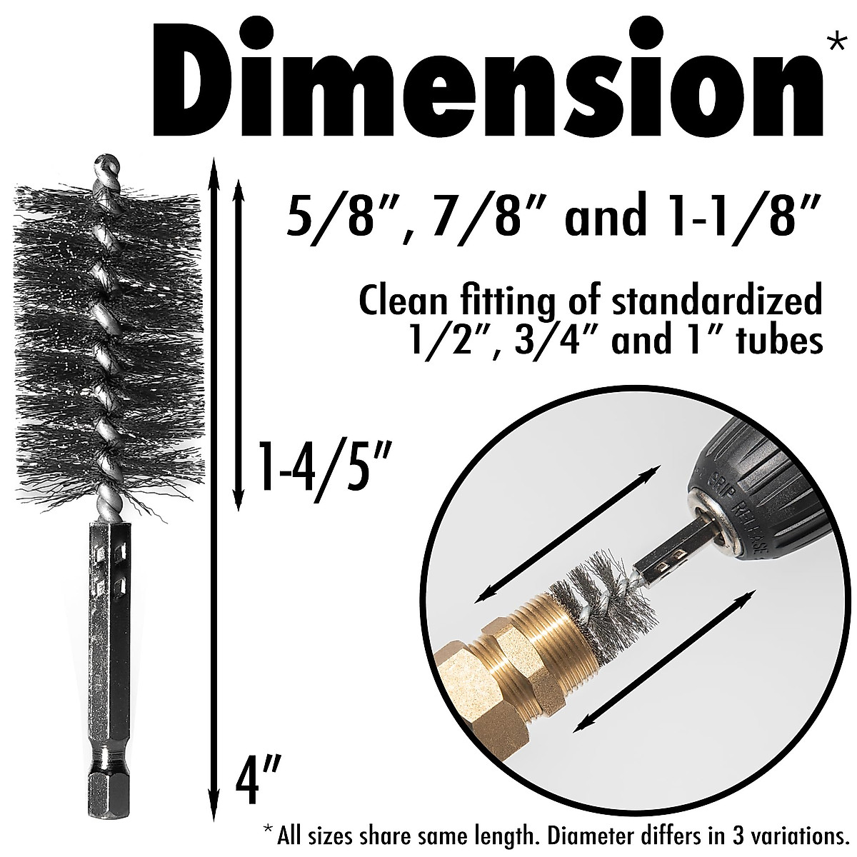 Vouyar 6pcs Copper Tube Pipe Cleaner for Fittings, 1/2” 3/4” 1” Pipe Cleaning Brush Set, Stainless Steel Wire Bore Brushes for Power Drill, 1/4 Inch Hex Shank