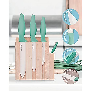 Wamery Ceramic Knife Set with Block - Chef Knife, Utility Knife, Paring Knife Rust Proof Sharp Turquoise Kitchen Knife Set with Wood Block and Fruit Peeler