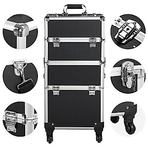 Yaheetech Rolling Makeup Train Case 3 in 1 Cosmetic Makeup Case Large Aluminum Trolley Makeup Travel Case Professional Rolling Cosmetic Beauty Storage, with 360° Swivel Wheels, Black