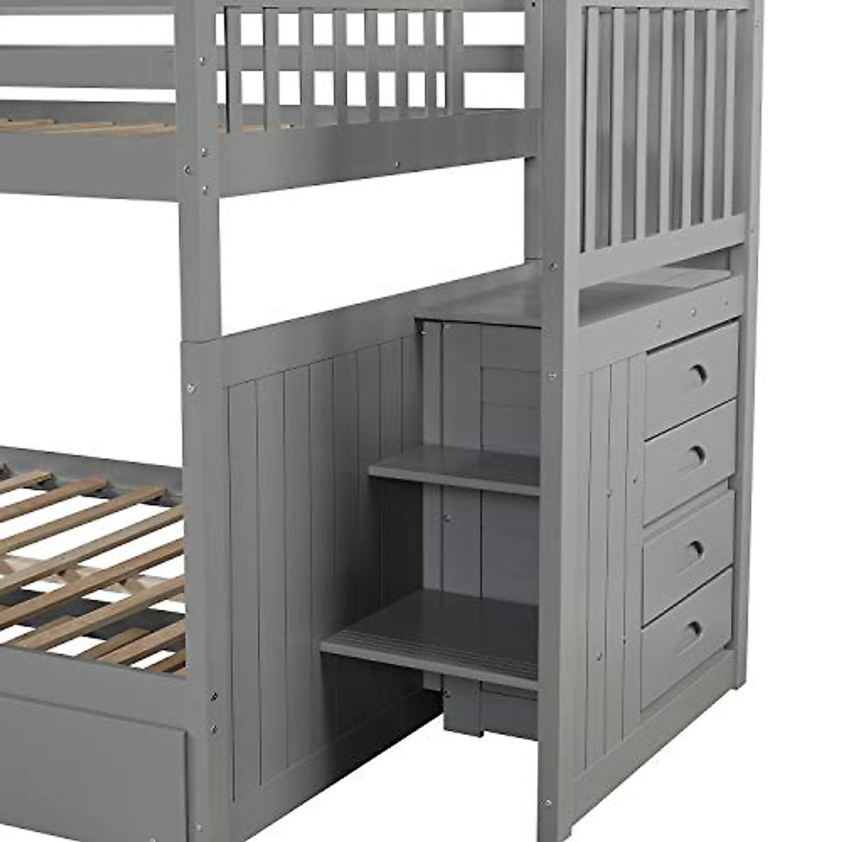 Harper & Bright Designs Bunk Beds Full Over Full Size, Wood Full Bunk Bed with Trundle Bed, Bunk Beds with Stairway for Kids Teens Adults, No Spring Box Needed (Grey, Can be Convertible to 2 Beds)